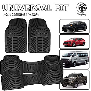Car SUV Floor Mat by Vaygway - 4 Piece Heavy Duty Set - 3 Row Vehicle All Weather Floor Mats - Black Trimmable Universal Fit Rubber Rug for Car Truck Van SUV