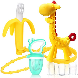 SHARE&CARE Baby Teething Toys for Girls and Natural Organic Fruit Feeder Pacifier/Baby Teether Chew Toys Fresh Food Feeder/ 1 Teethers and 1 Feeder with 3 Silicone Sacs (Yellow)