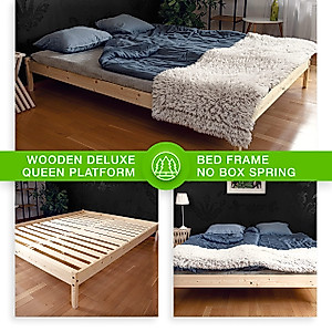 Queen Size Natural Solid Wood Platform Bed Frame Without Headboard — Foundation Bedframe | Easy Assembly Wooden Slats | No Box Spring Needed | Rustic Pine 60 x 80 — Springfield Collection