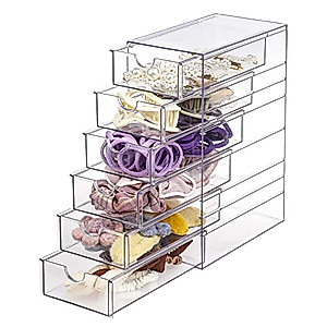 FABROK Clear Hair Accessory Organizer Box with 6 Drawers, Compact Storage Organization Drawers Set for Cosmetics, Glasses, Stationery, Stackable Storage Containers Box for Bathroom, Closet, Office