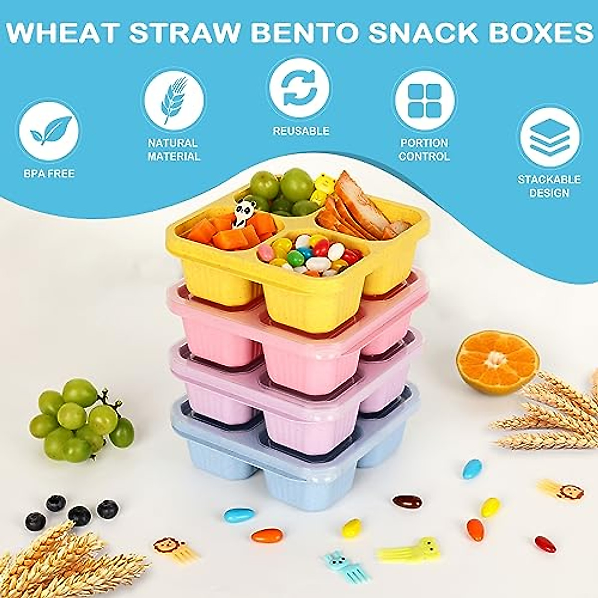 6 Pack Snack Containers, 4 Compartment Divided Snack Container for Kids, Bento Snack Box for Adults, Reusable Meal Prep Lunch Containers with Compartments, Small Bento Box for Work Travel