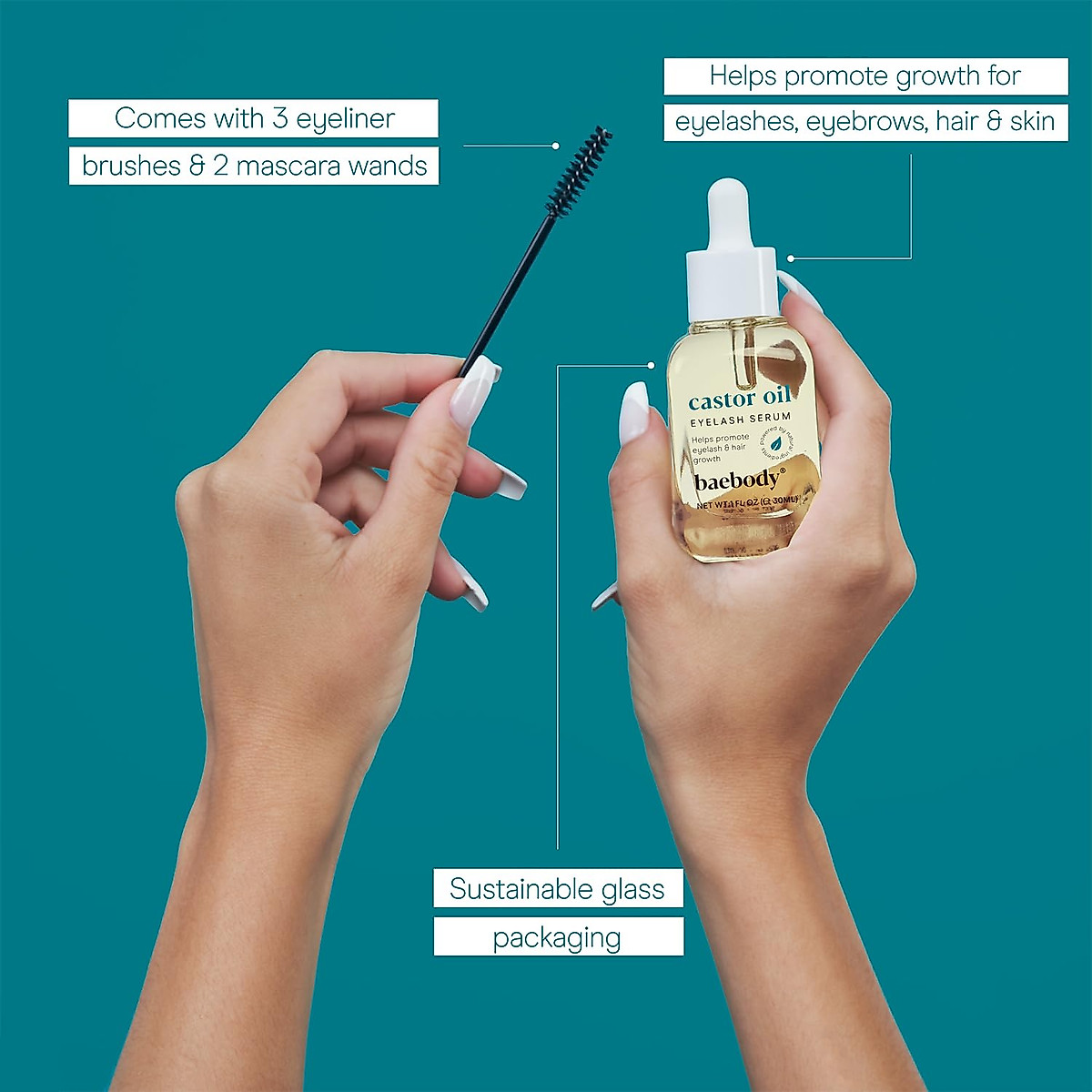 Baebody Critically Acclaimed Vegan Castor Oil for Eyelashes and Eyebrows, Pure Castor Oil Eyebrow and Lash Growth Serum, Castor Oil for Hair Growth with Applicator Kit, 1 oz - Beauty Gifts for Women