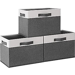 GhvyenntteS Storage Bins [3-Pack] Large Foldable Storage Baskets for Shelves, Sturdy Fabric Cube Storage Boxes with 3 Handles for Closet Nursery Cabinet Living Room (Grey, 15" x 11" x 9.6")
