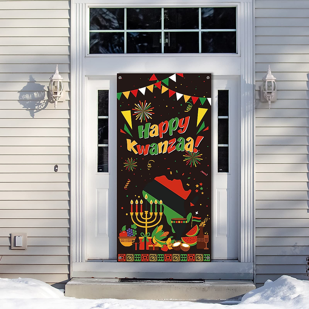 Kwanzaa Decoration Happy Kwanzaa Door Cover Kwanzaa Party Hanging Banner Kwanzaa Backdrop Indoor Outdoor African American Holiday Festival Decor for Kwanzaa Home Office Supplies, 70 x 35 Inches