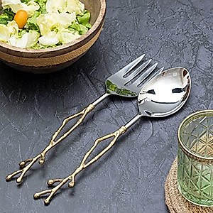 Twig Salad Servers Brass & Stainless Steel, Fork & Spoon Set Leaf Design, Two Tone Ideal for Weddings, Dinner Parties, Elegant Flatware, Housewarming Gifts, Stainless Steel Mirror Polished (Gold Twig)