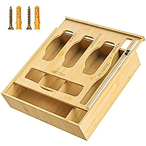 Ziplock Bag Storage Organizer with Cutter, 2 IN1 Bamboo Roll Plastic Bag Organizer for Kitchen Drawer, Compatible with Gallon Quart Sandwich Bag and Aluminum Foil Plastic Wrap