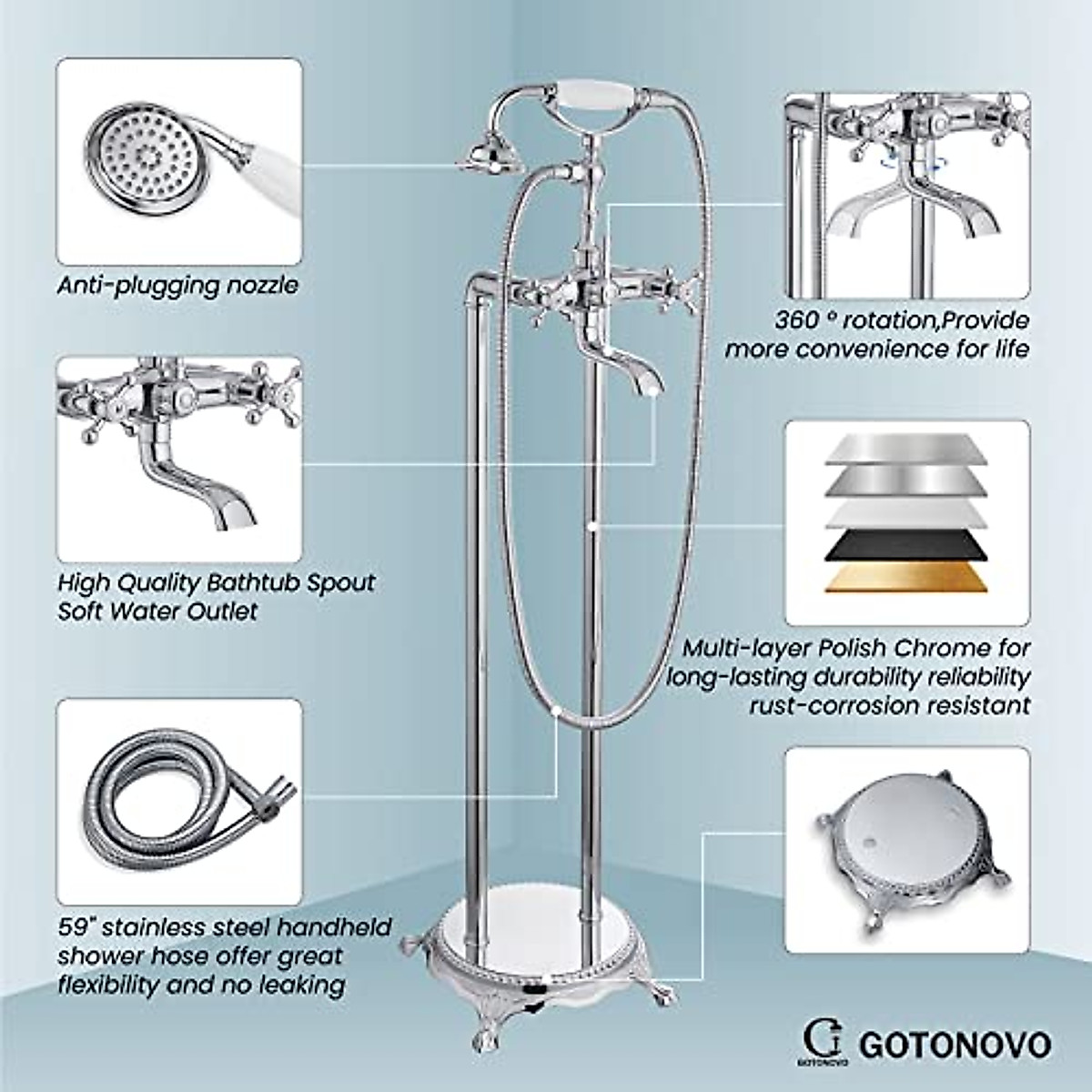 gotonovo Freestanding Bathtub Faucet Polished Chrome Floor Mount Tub Filler Double Cross Knobs Bathroom Mixing Tap with Handheld Shower Telephone Shape