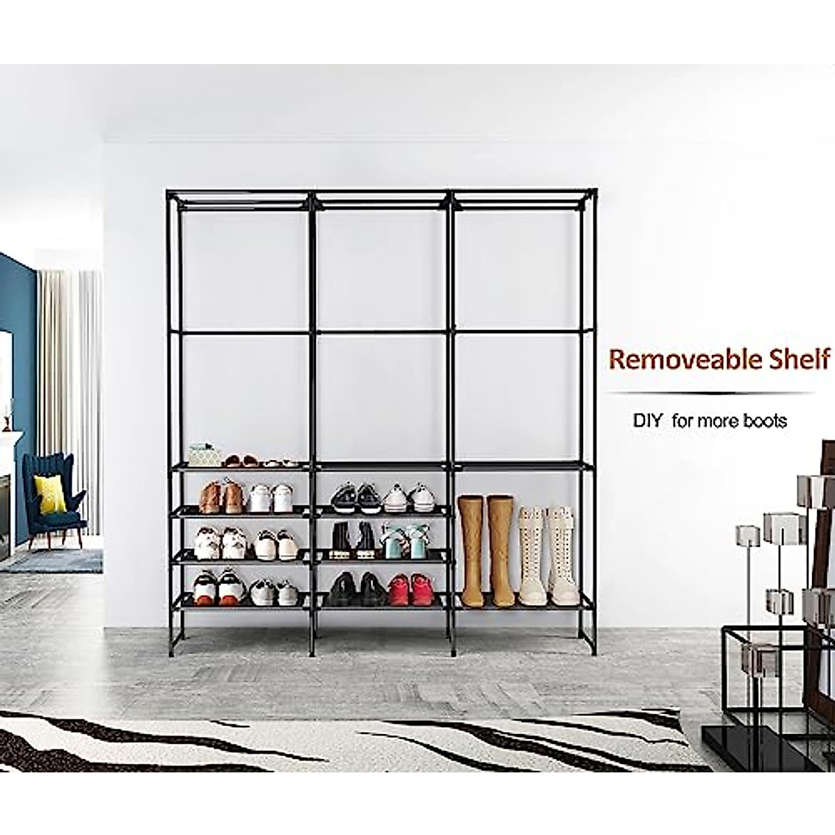 Kertnic 4-Tier Shoe, Boots Rack Storage Organizer for Entryway, Free Standing Black Versatile Shoe Shelf Stand with Coat Hanging Garment Rack for Bedroom (upgrade)