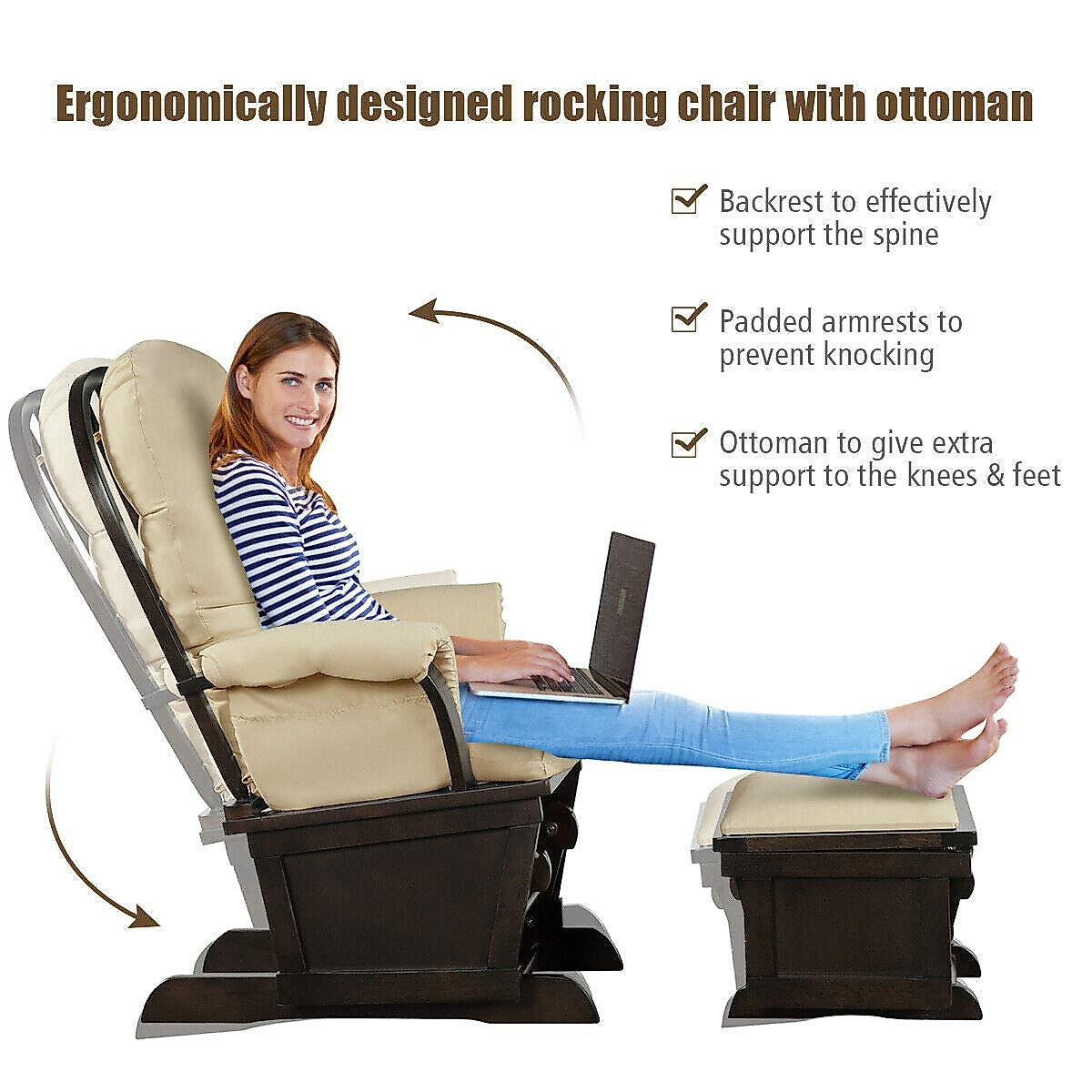 Enjoy Relaxing Home, Office, Sofa Recliner Deluxe Ergonomic Rocking Chair Lounge Glider Ottoman w/Footrest, Beige Brown