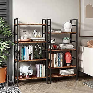 Steehoom 4-Tier Adjustable Bookshelf, Rustic Wood and Metal Standing Tall Bookcase, Open Back Modern Industrial Bookshelves Organizer