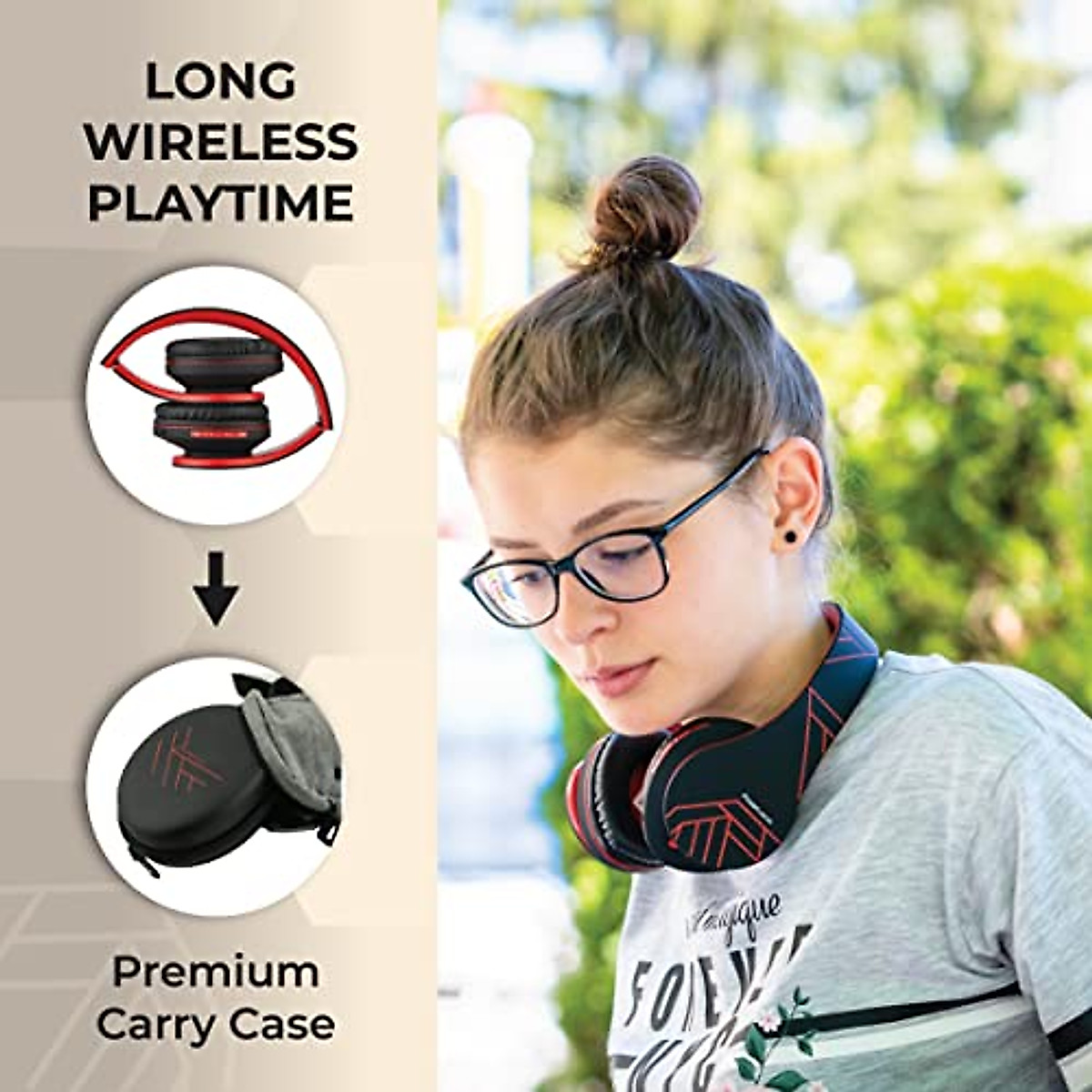 PowerLocus Bluetooth Over-Ear Headphones, Wireless Stereo Foldable Headphones Wireless and Wired Headsets with Built-in Mic, Micro SD/TF, FM for iPhone/Samsung/iPad/PC (Black/Red)