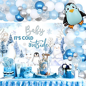 Arctic Animals Baby Shower - Blue Snowflake Balloon Garland Arch Kit with Baby It's Cold Outside Backdrop, Penguin Foil Balloons, Polar Bear Penguin Winter Baby Shower Decorations
