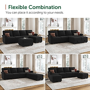 HONBAY Sectional Sofa with Storage Seat Velvet U Shaped Sectional Couch with Reversible Chaise Convertible Sectional Couches for Living Room,Black