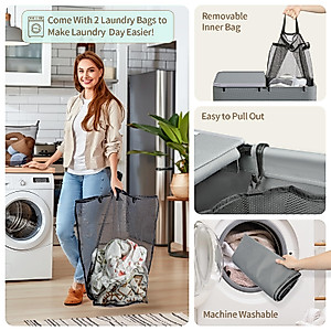 Yecaye 150L Laundry Hamper with Wheels, Rolling Laundry Basket with Lid and 2 Removable Laundry Bag, Large Capacity Clothes Hampers for Laundry, Bedroom, Bathroom, Dorm, Laundry Room, Grey