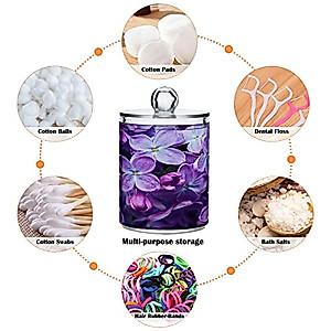 Kigai 2PCS Spring Lilac Purple Floral Qtip Holder Dispenser with Lids - 14 oz Bathroom Storage Organizer Set, Clear Apothecary Jars Food Storage Containers, for Tea, Coffee, Cotton Ball, Floss