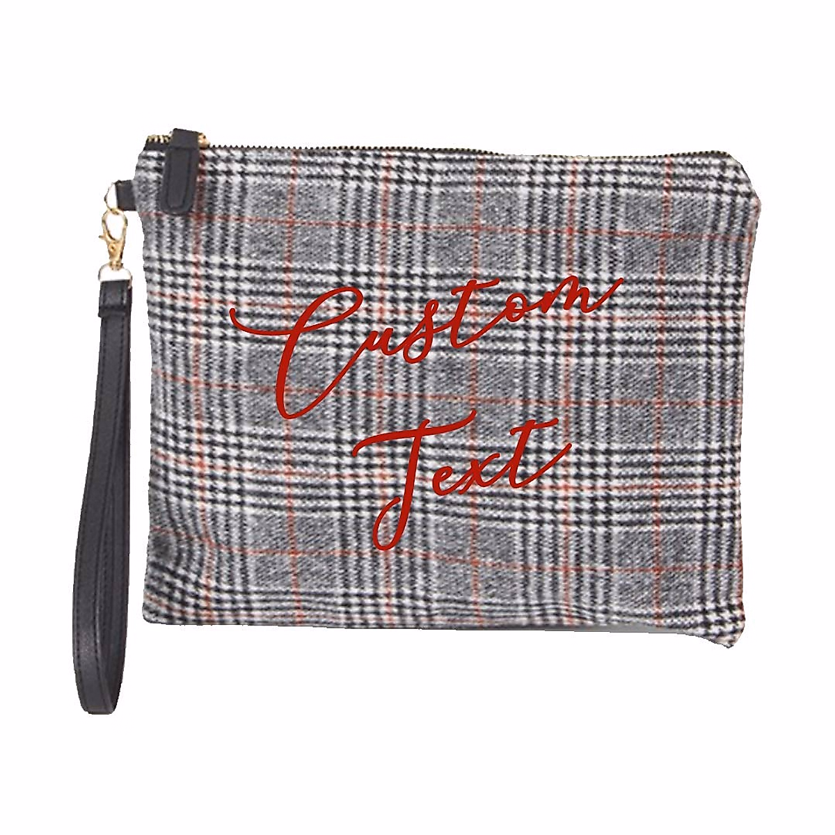 Custom Text Black Red White Houndstooth Plaid Wristlet- Personalized Monogram Plaid Wrist Clutch