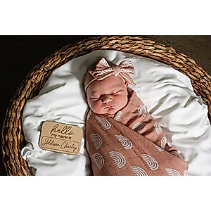 Miaoberry 100% Organic Cotton Muslin Baby Swaddle Blanket Set | Caramel Rainbow| Newborn Girl Unisex Neutral| Boho Vintage Rainbow Baby| Matching Hat Bow |