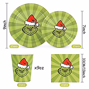 Whaline 100Pcs Christmas Tableware Set Green Christmas Character Disposable Dinnerware Set 50Pcs Paper Plates 25Pcs Napkin 25Pcs Cups for Xmas Theme Party Supplies Table Decorations