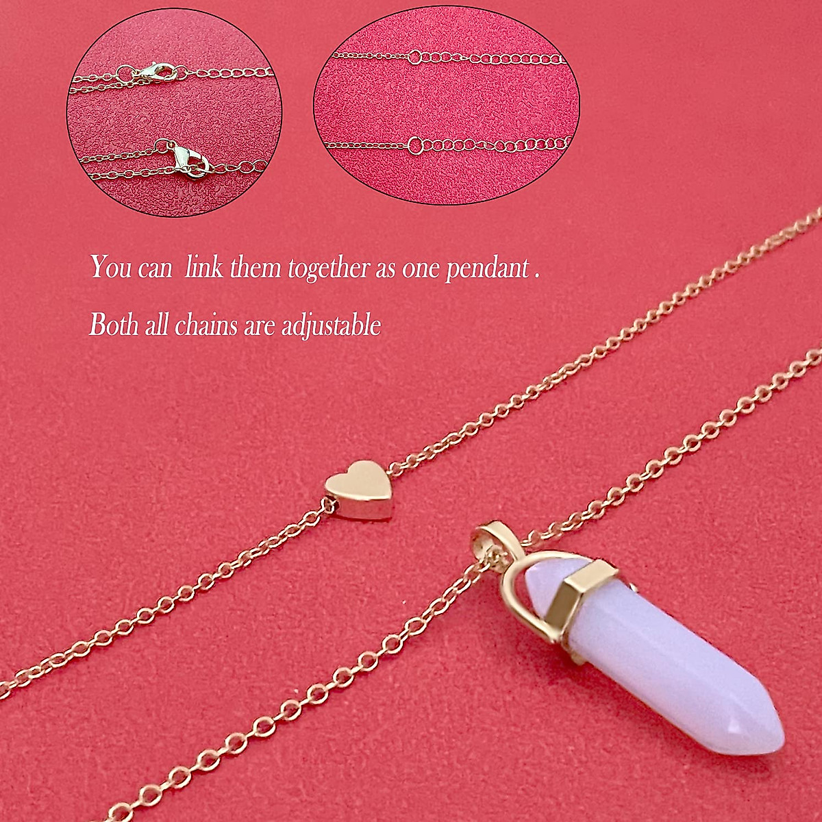 THJEW Natural Opalite Crystal Stone Bullet Pendant Necklace,Opal Crystal Layered Pendant Necklace,Natural Gemstone Pendant,Opal Crystal Jewelry, Yellow Gold, Opal