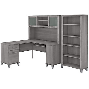 Bush Furniture Somerset 60W L Shaped Desk with Hutch and 5 Shelf Bookcase