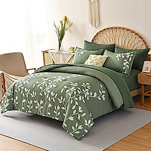 METAHOTS Comforters Queen Size, 7 Piece Flowers Botanical on Green Comforter Sets with Sheets and Pillows, Soft Lightweight Microfiber Bedding Set for All Season(90"X90")