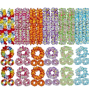 Mowane 48Pcs Thickened Hawaiian Leis Bulk, Tropical Flower Jumbo 12 Headband 24 Bracelets 12 Floral Necklace Set for Party Supplies, Hula Luau Decorations Birthday Beach Wedding Favors (Mix-Color)