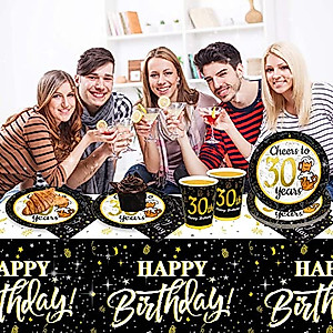 30th birthday decorations for him her - (Total 169pcs) black gold Birthday supplies Plates and Napkins, Cups, Knives, Forks, Spoons Included, tablecloth, Disposable Tableware for 24 Guests
