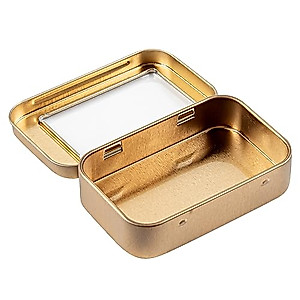 Restaurantware RW Base 4.5 Ounce Rectangular Tin Containers 10 Durable Tin Boxes With Lids - Clear Window Lids Rounded Edges Gold Tin Storage Containers Customizable Fits Mints Or Pills