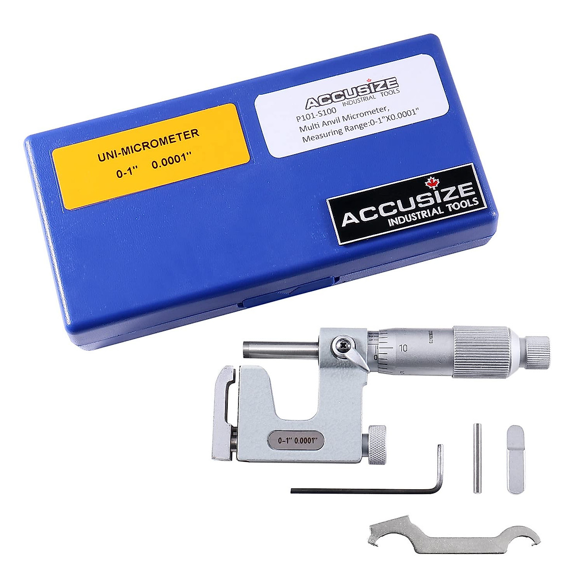 Accusize Industrial Tools 0-1'' x 0.0001'' Multi Anvil Micrometer in Fitted Box, P101-S100