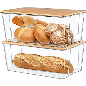 Hudgan 4 Pcs Acrylic Bread Box with Bamboo Lid, Bread Keeper Container for Homemade Bread, Clear Snack Storage Organizer