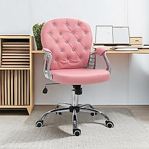 Vinsetto PU Leather Home Office Chair, Button Tufted Desk Chair with Padded Armrests, Adjustable Height and Swivel Wheels, Pink