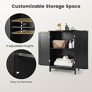 Tangkula Bathroom Floor Cabinet, Freestanding Storage Cabinet with Double Doors and Shelf, Modern Home Furniture, Wooden Home Organizer for Living Room, Bathroom Storage Cabinet (Black)