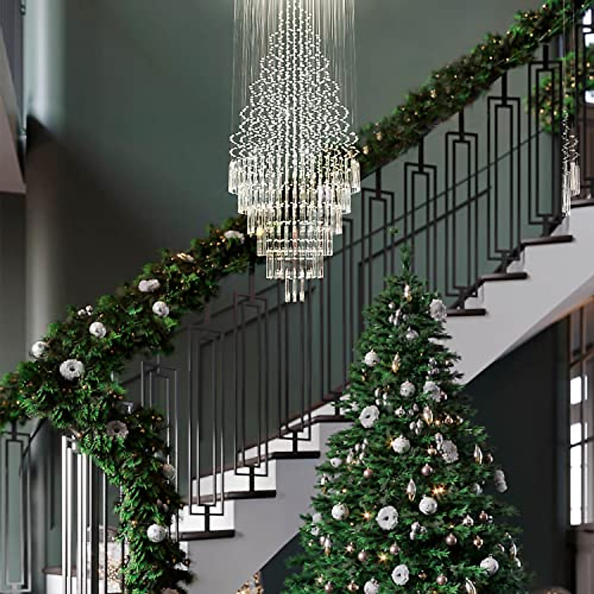 Luxury Large Foyer Chandelier, Modern 12-Lights Round Raindrop Crystal Chandeliers High Ceiling Flush Mount Light Fixtures for LivingRoom Entryway, Stairs D31.5 X H86.7 of CRYSTOP