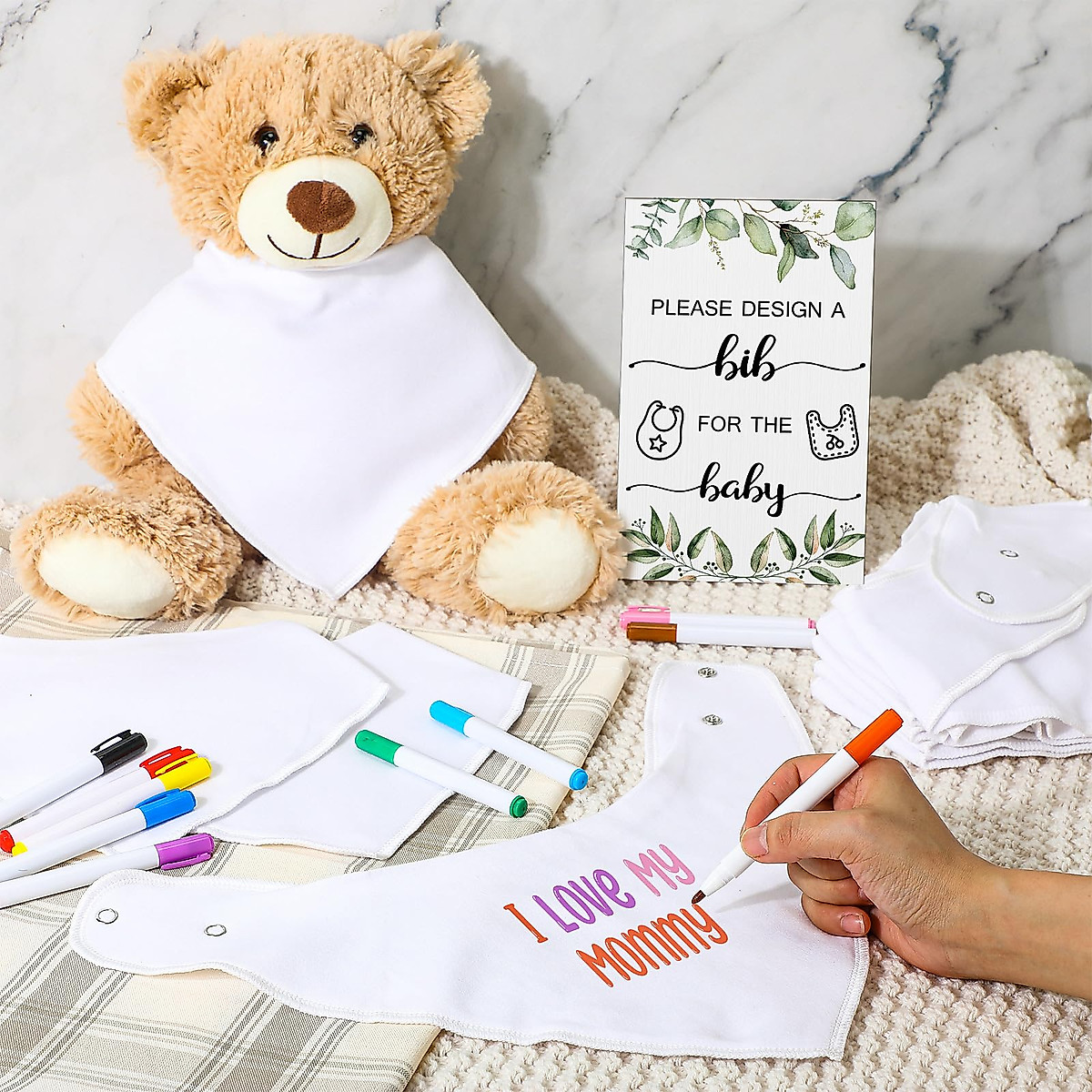 Qunclay 36 Pcs Baby Bibs Baby Shower Game Set Baby Bib Design 25 Pcs White Blank Baby Bibs Feeder Bibs for Baby, 1 Pcs Wooden Bib Sign, 10 Pcs Fabric Markers DIY Baby Gift for Gender Reveal