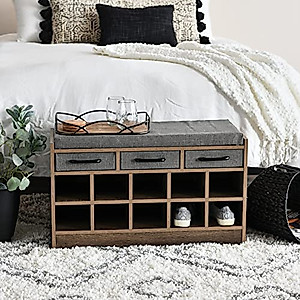 Household Essentials Shoe 10 Cubbies, Cushioned Seat and Storage Drawers, Ashwood Finish Entryway Bench, 19.75x32x12.75 Inches