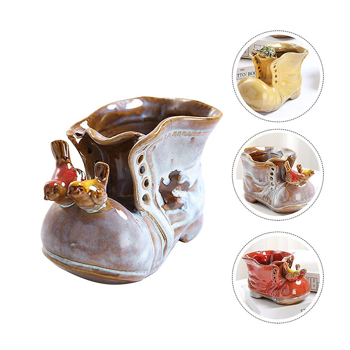 Ceramic Boot Planter Plant Pot Vase Planter with Bird Figurines Bonsai Pot Flower Pot Succulent Planter Multi Pot(Color Random)