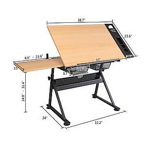 Bonnlo Professional Drafting Desk, Wooden Drawing Table Height Adjustable Tiltable Tabletop w/Storage Drawer for Reading, Writing Art Craft Work Station