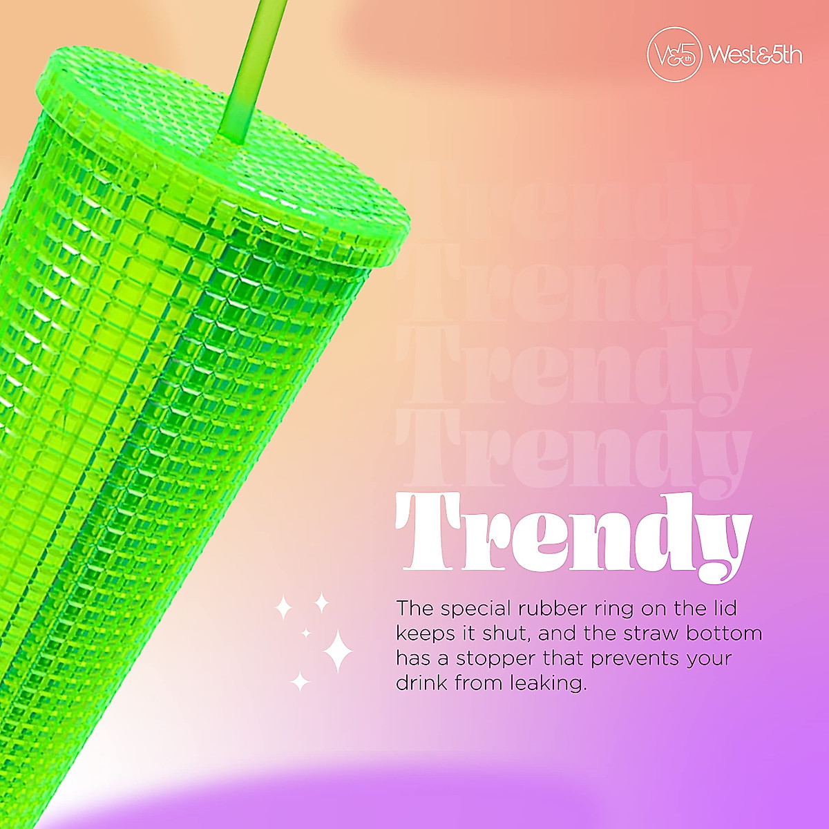 WEST & FIFTH Grid Plastic Cold-Cup Tumbler with Straw, Iridescent Semi-Transparent Square-Textured Cup, BPA-Free Double-Wall Cup for Iced Coffee, Cold Drinks, or Water, 24oz., Neon Green