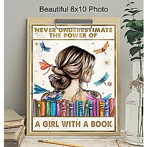 Classroom Wall Art - Never Underestimate A Girl With A Book Motivational poster 8x10 - Reading Wall Art & Decor - Teacher Gift - Girls Bedroom Decor - Inspirational Quotes - Book Lovers Gifts UNFRAMED