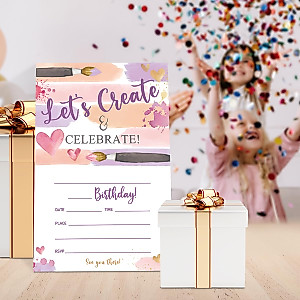 UDNADKEX Art Birthday Invitations Girl with Envelopes, Invites for Girls Birthday Party Art Painting, Paint Birthday Party Invitations Cards, 4"x6" Set of 20, Let's Create & Celebrate