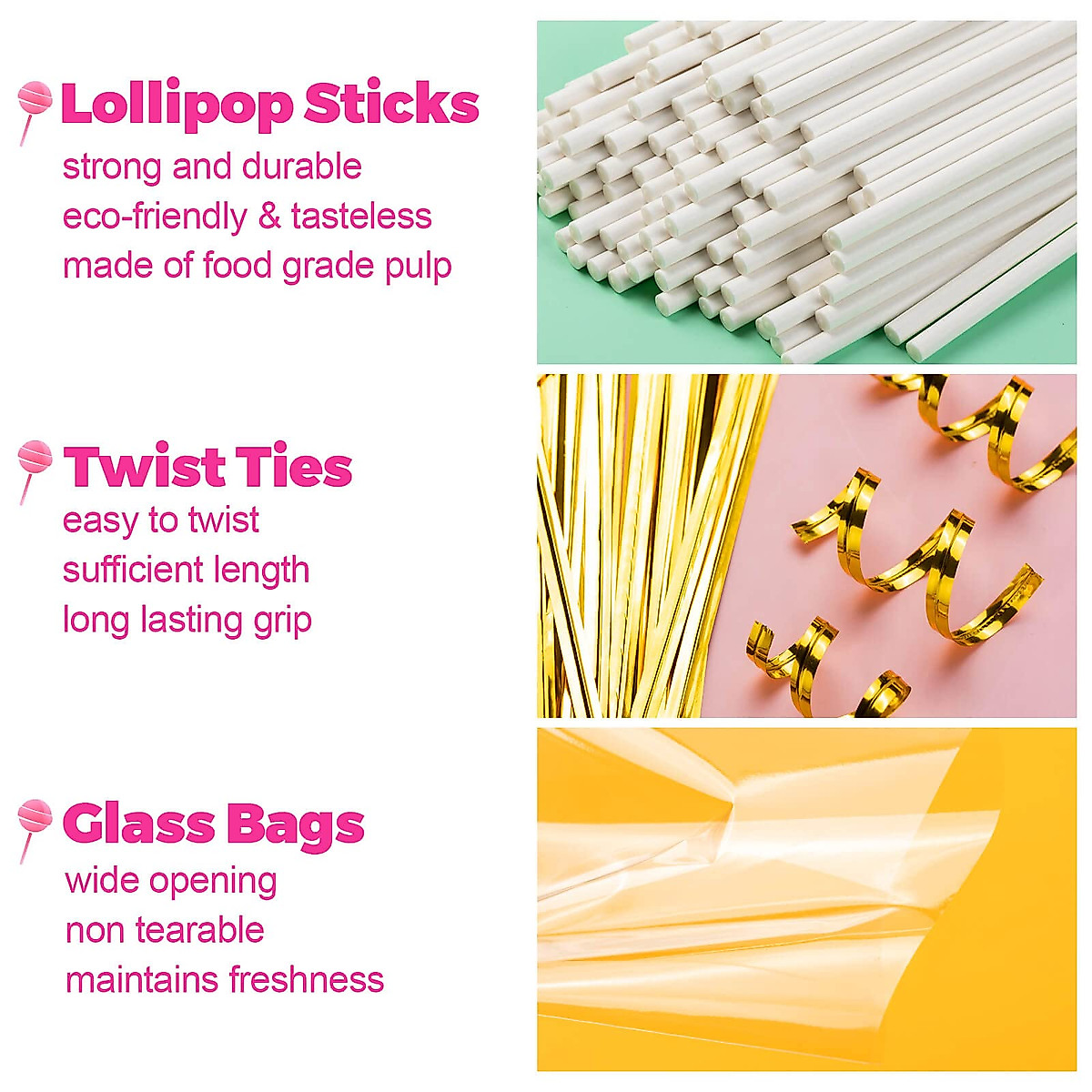 600Pcs Lollipop Stick, 6IN Cake Pop Sticks with Clear Treat Bags & Gold Twist Ties, Cake Pops Making Tools for Lollipops, Candies, Chocolates Cookies (A)