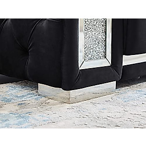 Melpomene Black Velvet Loveseat Sofa,Handmade Button Tufted Square Arm withFaux Diamonds, Mirrored Trim,Silver Metal Legs