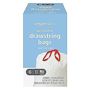 Amazon Basics Tall Kitchen Drawstring Trash Bags, Clean Fresh Scent, 13 Gallon, 45 Count (Previously Solimo)