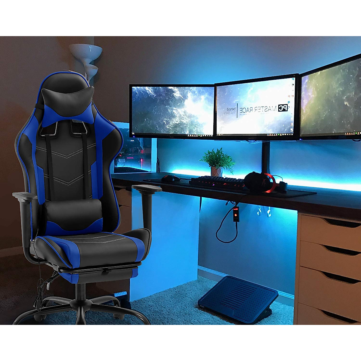 Gaming Chair Office Chair Desk Chair Massage PU Leather Recliner Racing Chair with Headrest Armrest Footrest Rolling Swivel Task PC Ergonomic Computer Chair for Back Support, Blue