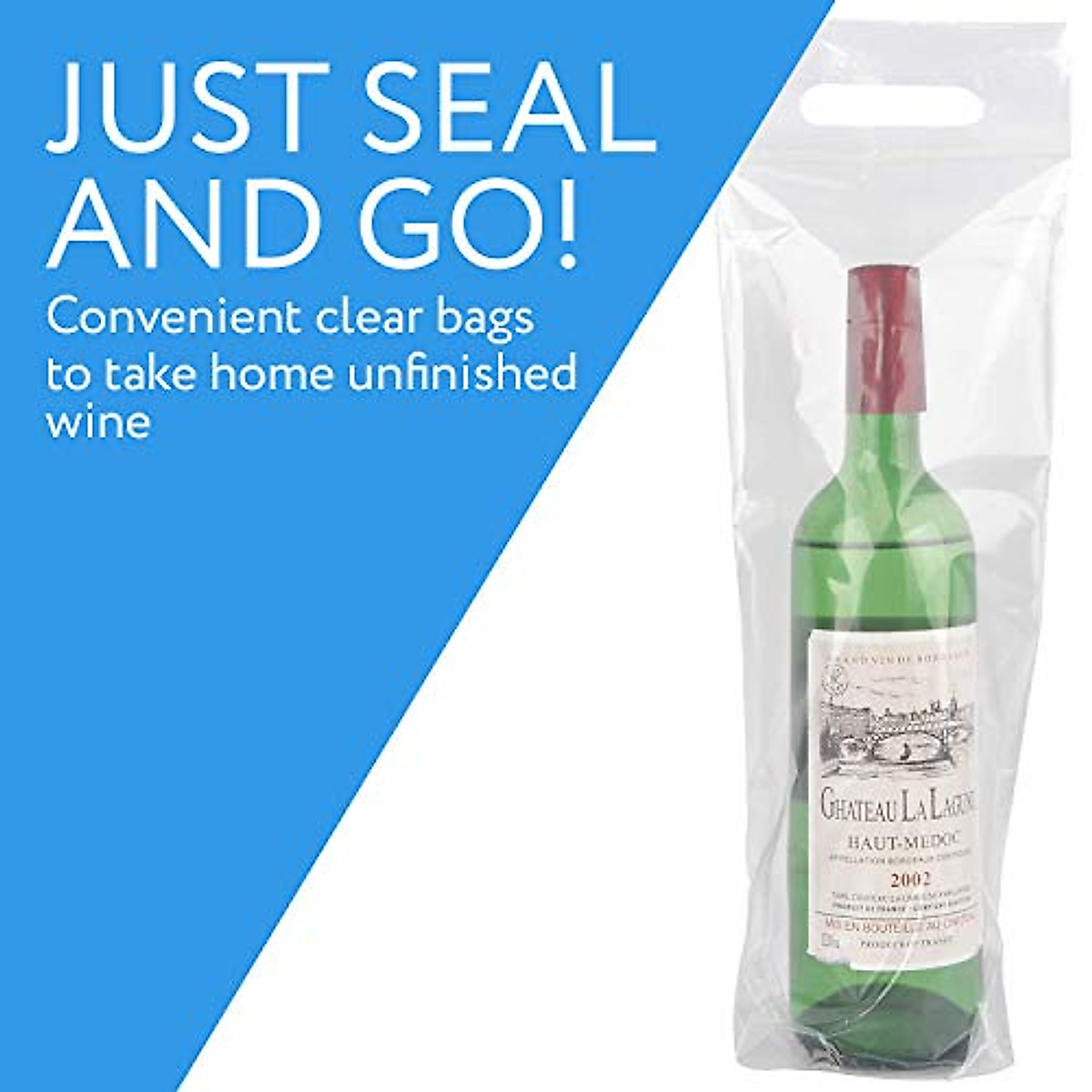 IMPRESA - Clear Plastic To Go Wine Bags with Handles - 50 Pack - Great for Restaurants, Bars, Travel, and Housewarming Gifts - Fits 25 oz Bottles - Tamper Proof Seal