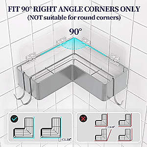 Kitsure Corner Shower Caddy - 2 Pack Rustproof Shower Organizer, Durable Shower Shelves with Large Capacity, Drill-Free Adhesive Shower Rack with 4 Movable Hooks, a Soap Holder, Silver
