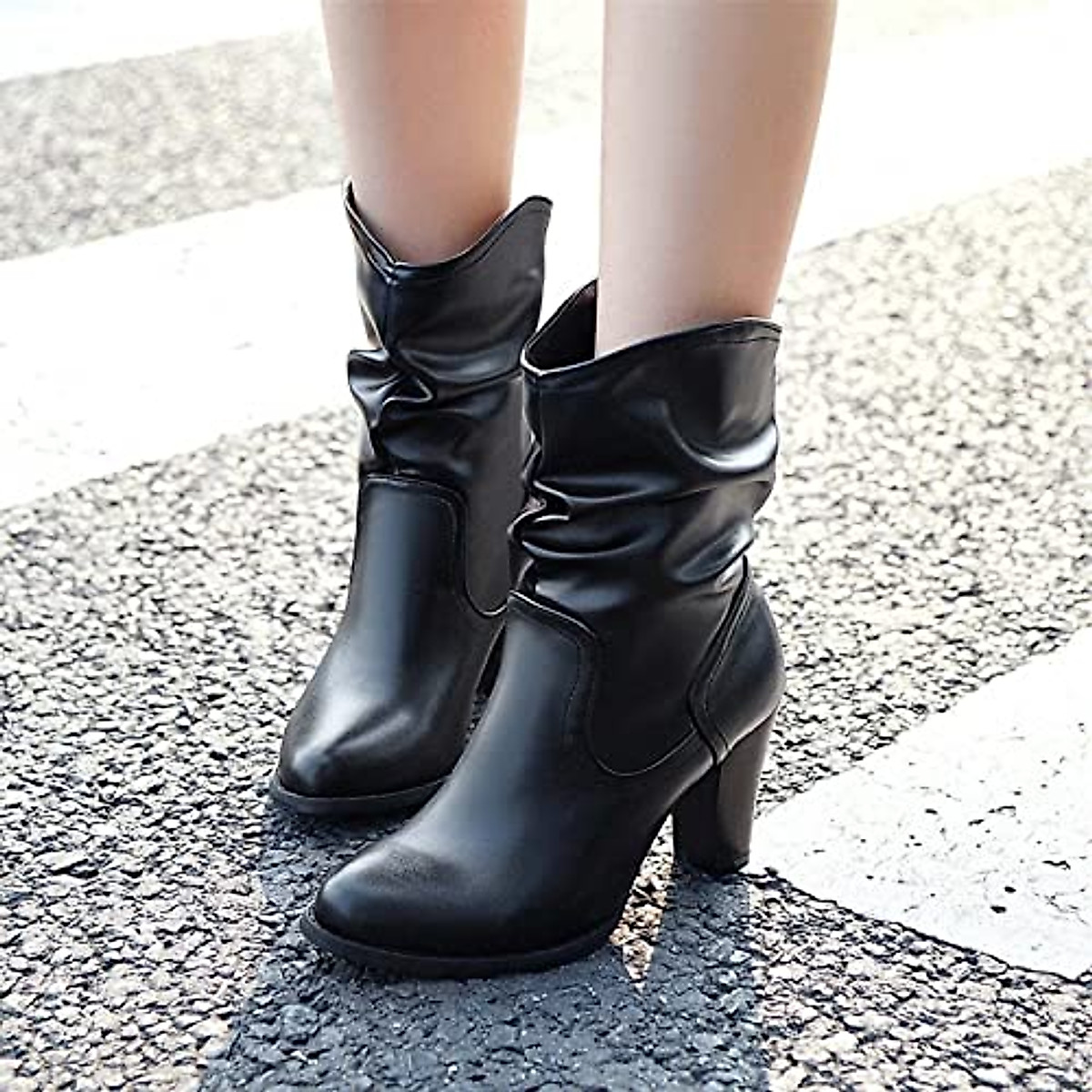 YfiDSJFGJ denim cowboy boots for women high heel thick heel british style slip on vintage round toe short platform mini boot chunky block heel plain toe fur lined warm snow boots