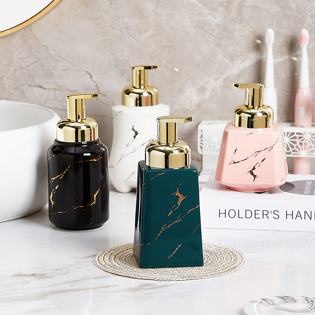 Soap Dispenser,/Marble Ceramic Foaming Soap Dispenser, Foam Soap Dispenser with Gold Pump, Hand Foaming Dispenser, for Barthroom Kitchen-pink-400ml/short (Color : Pink)