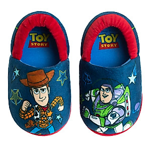Disney Toy Story Slippers - Buzz Lightyear and Sheriff Woody Fuzzy PJ House Shoes - Boys Pajama Indoor Warm Slipper - Navy Blue/Red (size 5-6 Toddler)