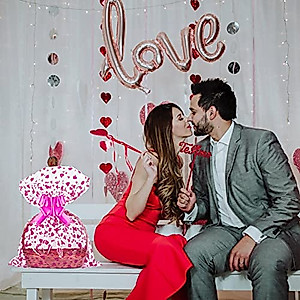 CIEOVO 20 Pieces Large Valentine Basket Bags with 20 Pieces Bows Ribbon 23 x 35 Inch Clear Valentines Day Baskets Empty Bags Heart Printed Cellophane Wrap for Gift Baskets Presents Weddings